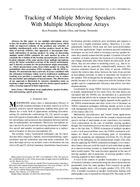 (PDF) Tracking of Multiple Speakers with Multiple Microphone Arrays