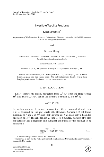 (PDF) Invertible Toeplitz Products | Karel Stroethoff - Academia.edu