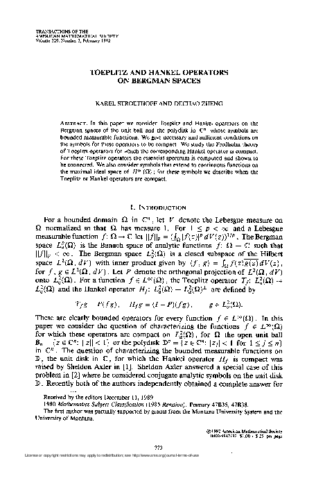 (PDF) Toeplitz and Hankel Operators on Bergman Spaces