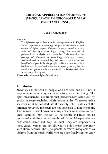 (PDF) Critical Appreciation of Mmanwu (Masquarade) in Igbo World View ...