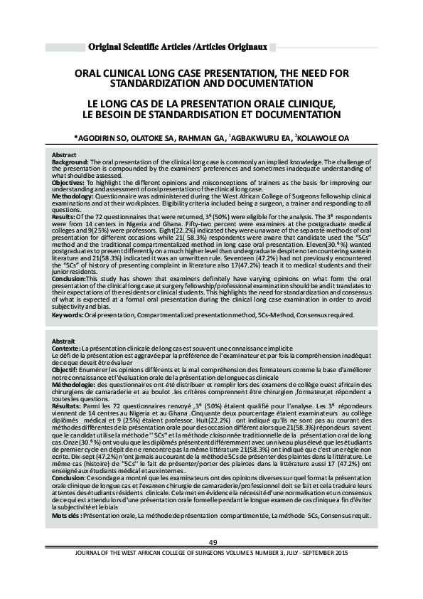 (PDF) Oral Clinical Long Case Presentation, the Need for ...