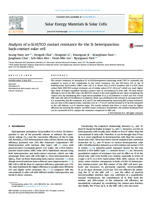 (PDF) Analysis of a-Si:H/TCO contact resistance for the Si ...