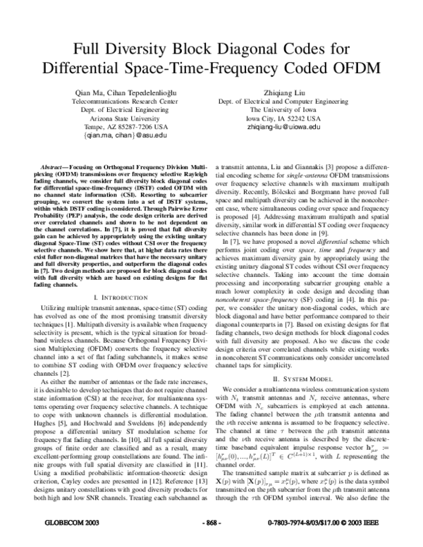 (PDF) Full Diversity Block Diagonal Codes for Differential Space-Time-Frequency Coded OFDM
