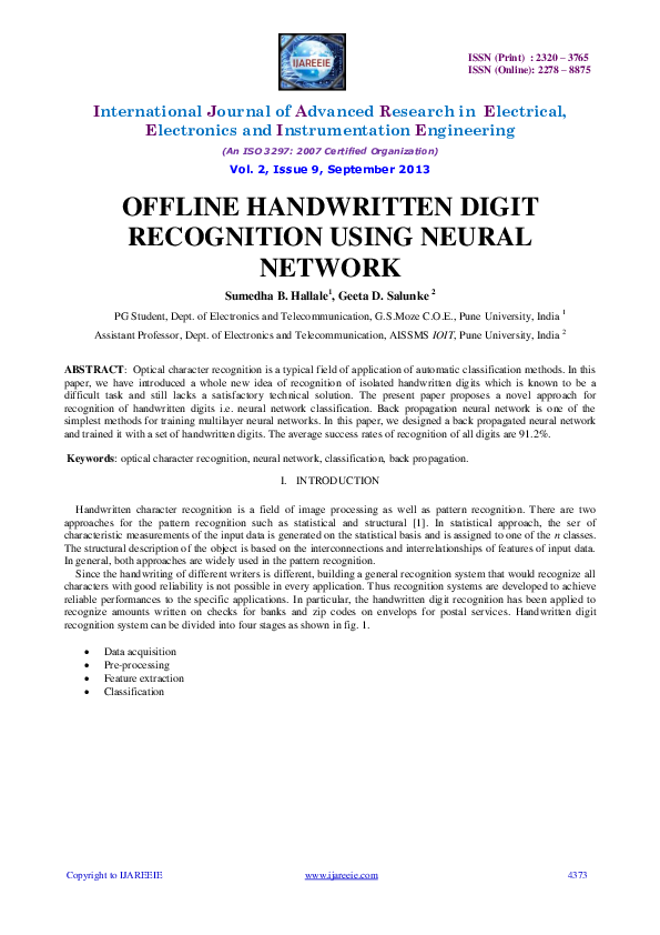 (PDF) Offline Handwritten Digit Recognition Using Neural Network