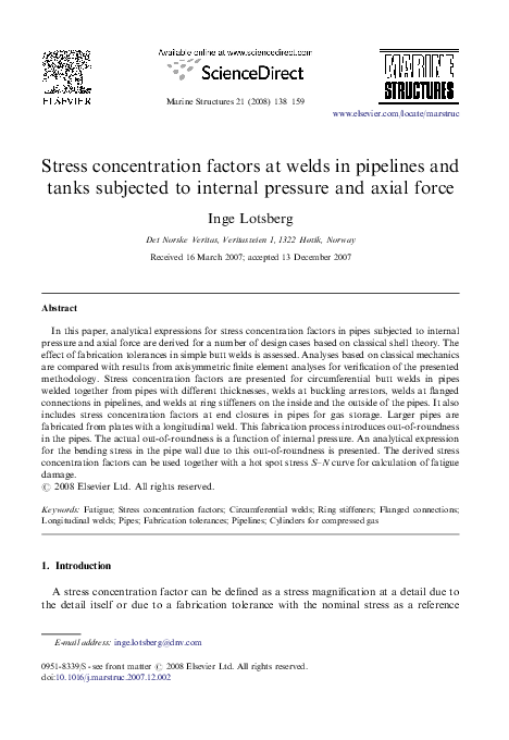 (PDF) Stress concentration factors at welds in pipelines and tanks ...
