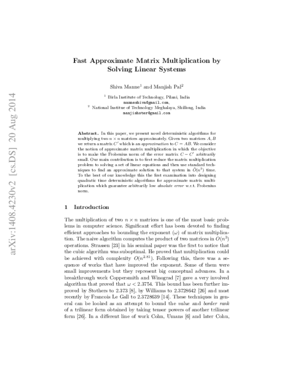 Pdf Fast Approximate Matrix Multiplication By Solving Linear Systems