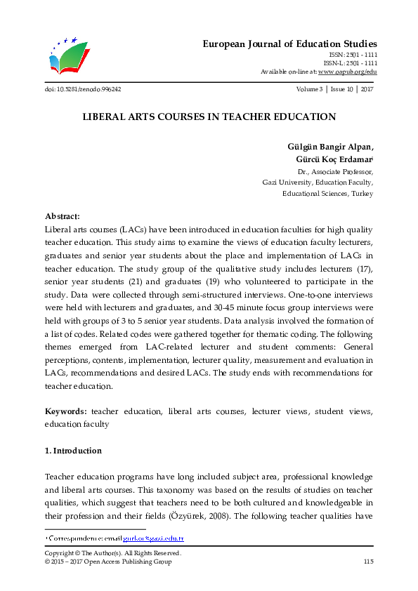 (PDF) Liberal Arts Courses in Teacher Education