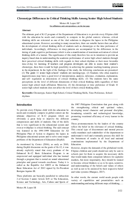 (PDF) Chronotype Differences in Critical Thinking Skills Among Senior High School Students