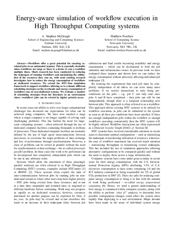 (PDF) Energy-Aware Simulation of Workflow Execution in High Throughput Computing Systems