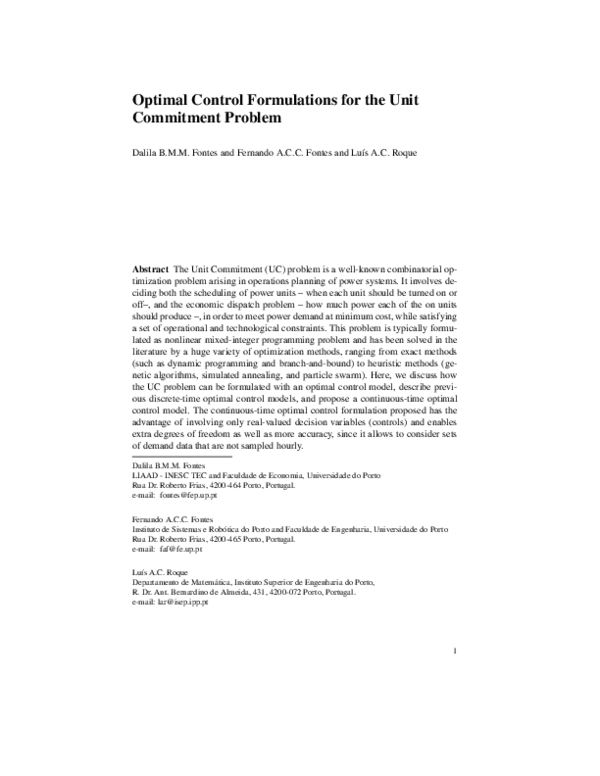 (PDF) Optimal Control Formulations for the Unit Commitment Problem