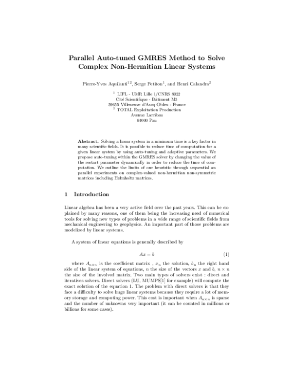 Pdf Parallel Auto Tuned Gmres Method To Solve Complex Non Hermitian