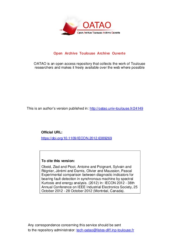 Pdf Experimental Comparison Between Diagnostic Indicators For Bearing Fault Detection In