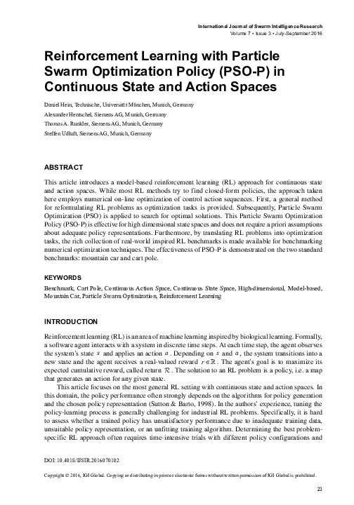 (PDF) Reinforcement Learning with Particle Swarm Optimization Policy (PSO-P) in Continuous State ...