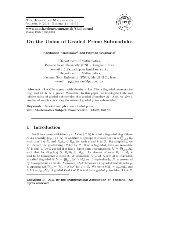 (PDF) On the Union of Graded Prime Submodules