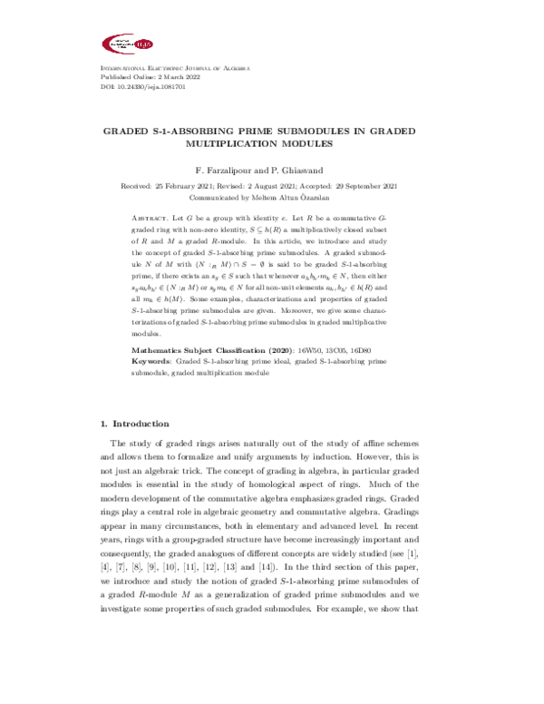 (PDF) Graded S-1-absorbing prime submodules in graded multiplication modules