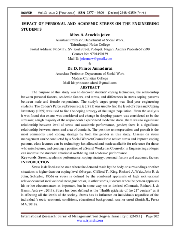 (PDF) IMPACT OF PERSONAL AND ACADEMIC STRESS ON THE ENGINEERING STUDENTS