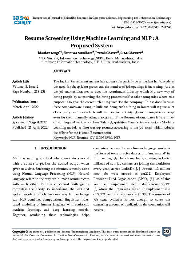 (PDF) Resume Screening using Machine Learning and NLP: A proposed ...