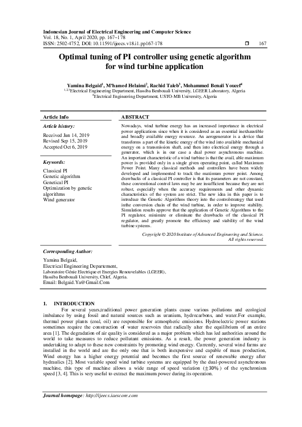 Pdf Optimal Tuning Of Pi Controller Using Genetic Algorithm For Wind Turbine Application