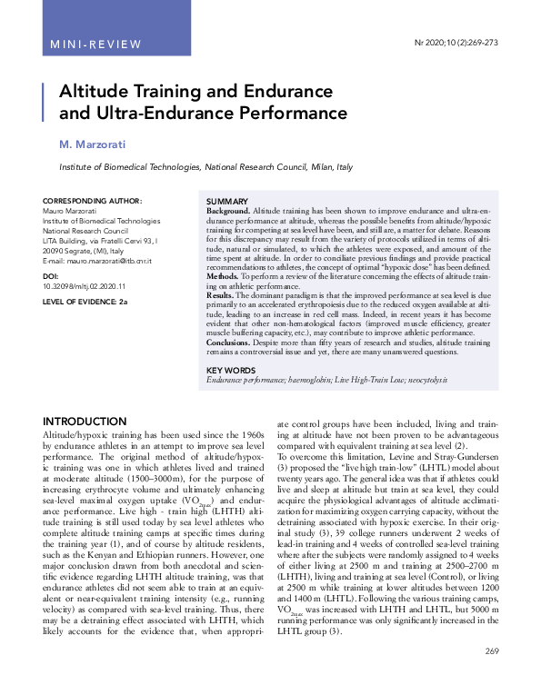 (PDF) Altitude Training and Endurance and Ultra-Endurance Performance