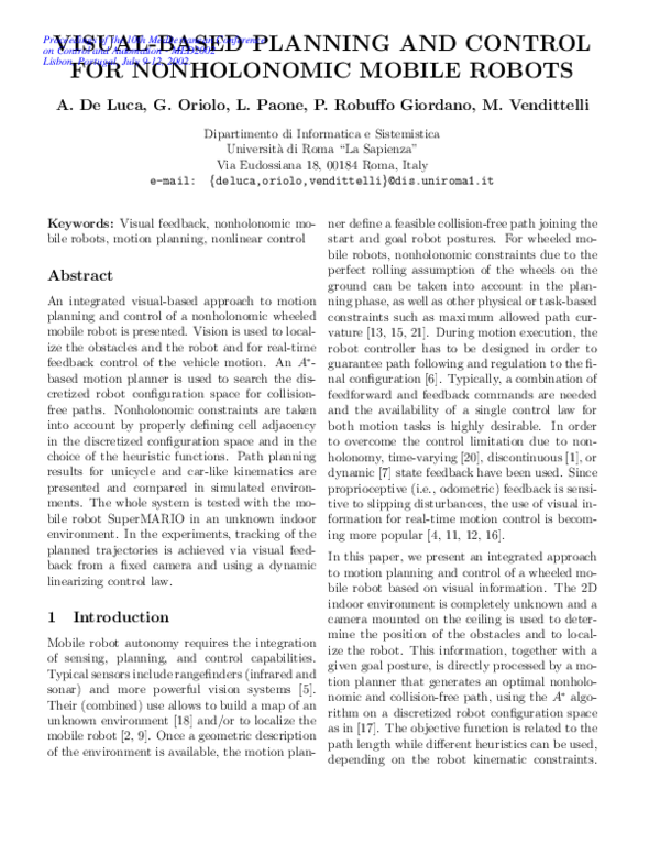 (PDF) Visual-based planning and control for nonholonomic mobile robots