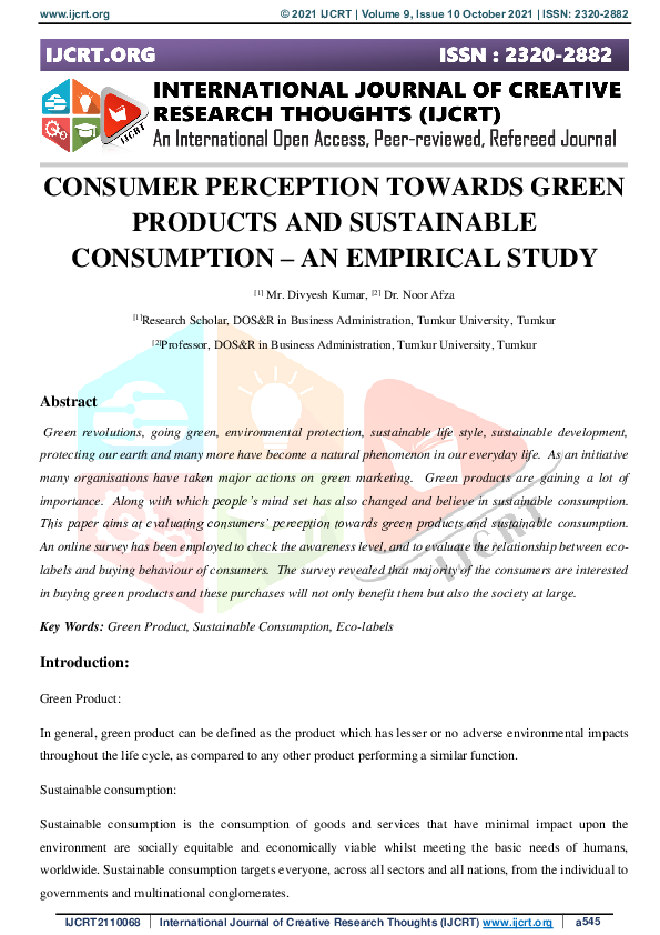 (PDF) CONSUMER PERCEPTION TOWARDS GREEN PRODUCTS AND SUSTAINABLE ...