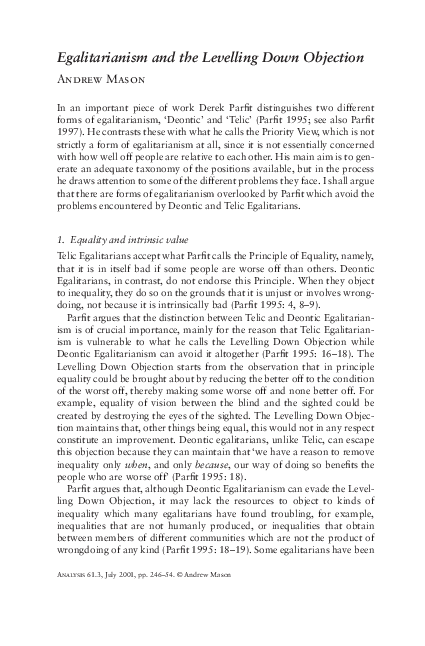 (PDF) Egalitarianism and the levelling down objection