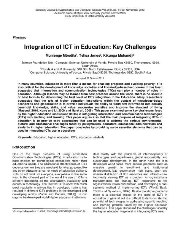 (PDF) Integration of ICT in Education: Key Challenges