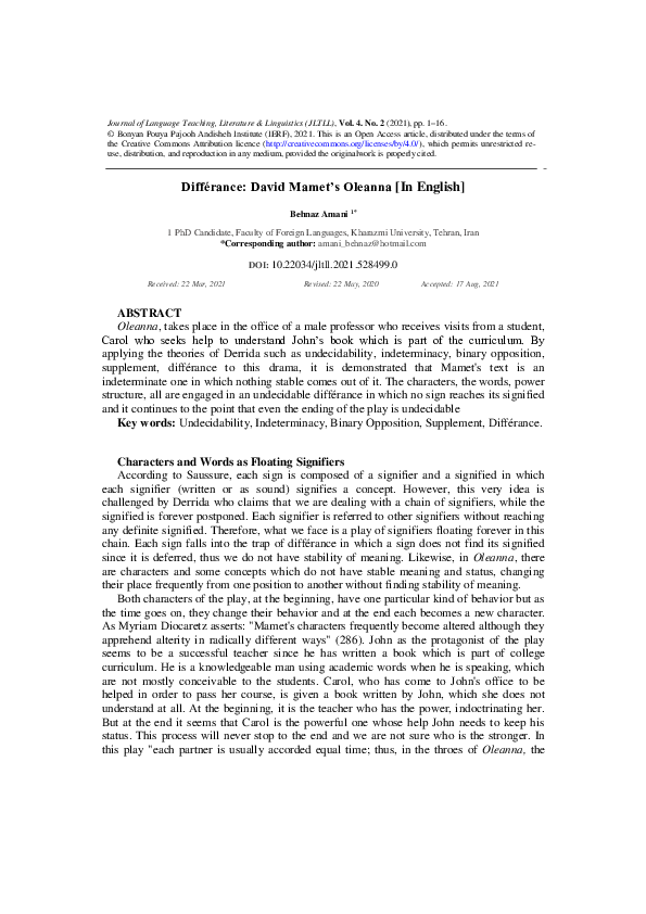 (PDF) Defferance: David Mamet’s Oleanna [In English]