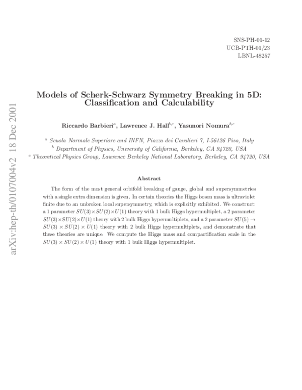 (PDF) Models of Scherk–Schwarz symmetry breaking in 5d: classification ...