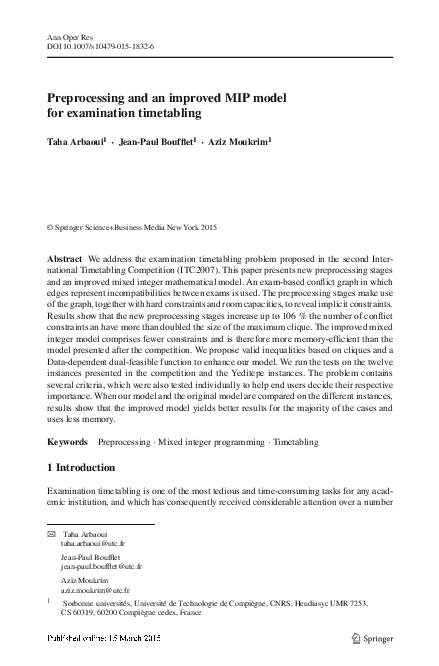 (PDF) Preprocessing and an improved MIP model for examination timetabling
