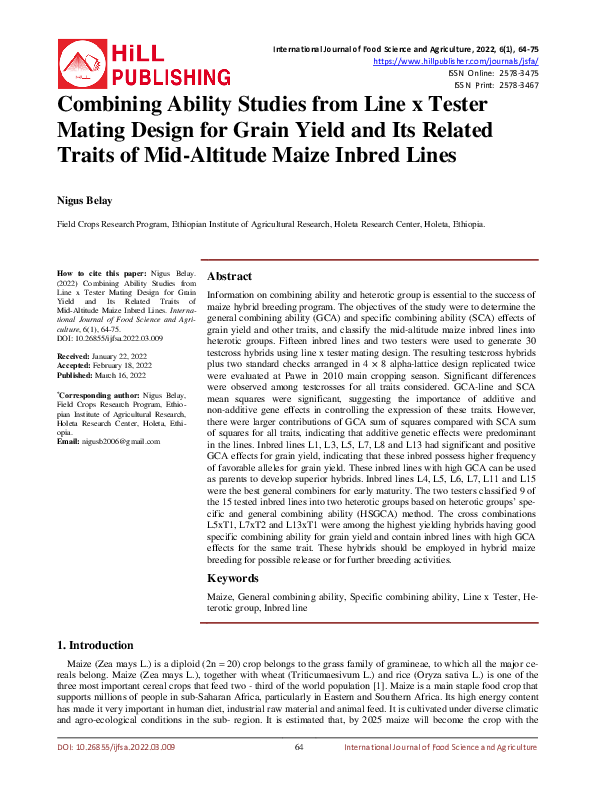 (PDF) Combining Ability Studies from Line x Tester Mating Design for ...