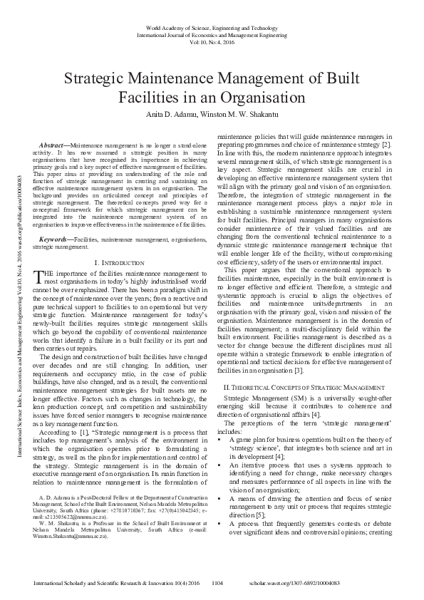 (PDF) Strategic Maintenance Management Of Built Facilities In An ...