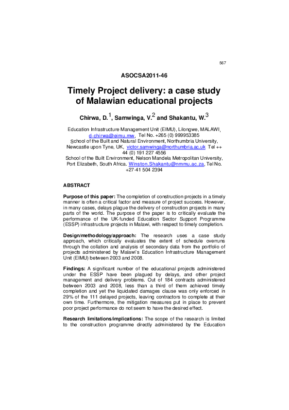 (PDF) Timely project delivery: a case study of Malawian