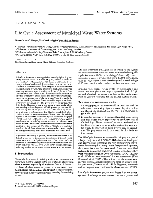 (PDF) Life cycle assessment of municipal waste water systems