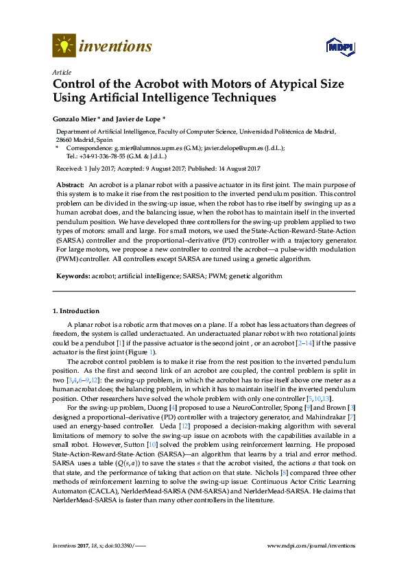 (PDF) Control of the Acrobot with Motors of Atypical Size Using Artificial Intelligence Techniques