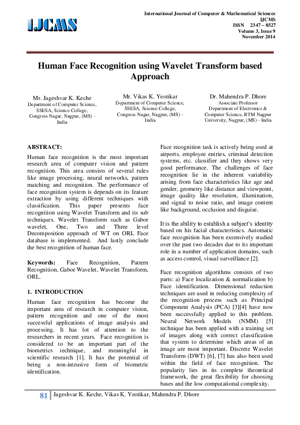 (PDF) Human Face Recognition using Wavelet Transform based Approach