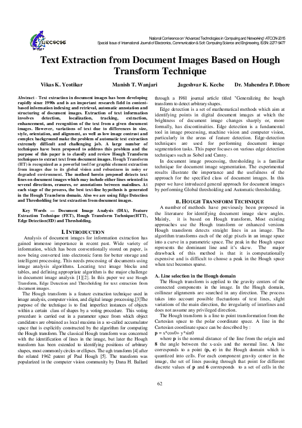 (PDF) Extraction from Document Images Based on Hough Transform Technique