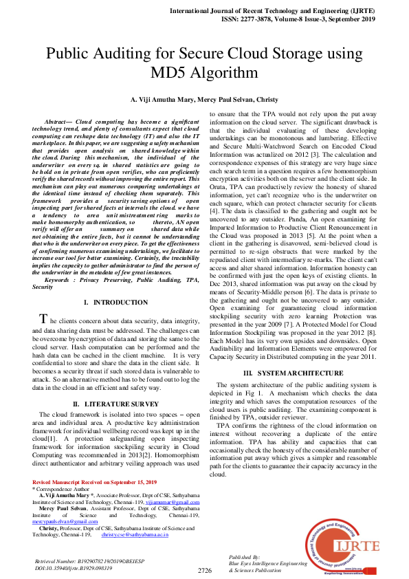 Pdf Public Auditing For Secure Cloud Storage Using Md5 Algorithm