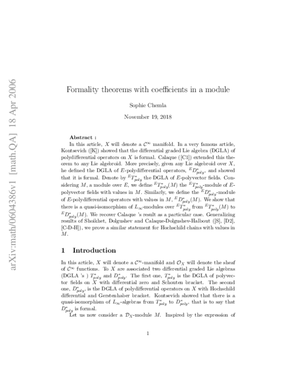 (PDF) Formality Theorem with Coefficients in a Module
