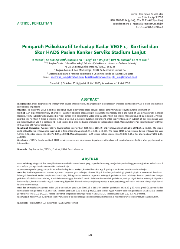 (PDF) Pengaruh Psikokuratif terhadap Kadar VEGF-c, Kortisol dan Skor ...
