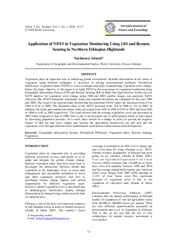 Pdf Application Of Ndvi In Vegetation Monitoring Using Gis And Remote