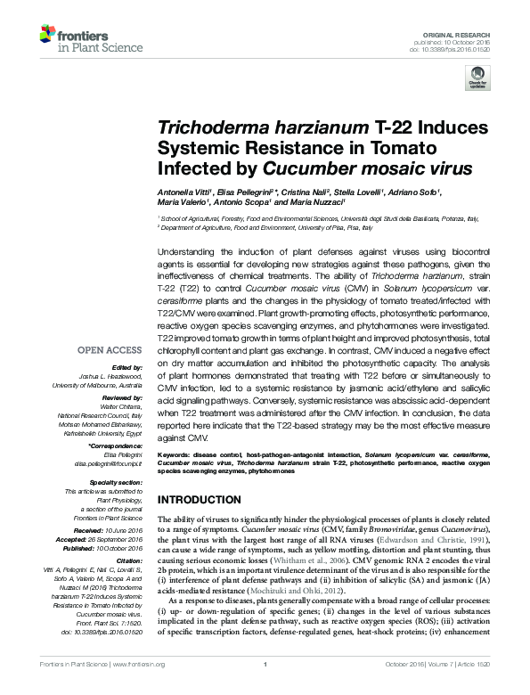 (PDF) Trichoderma harzianum T-22 Induces Systemic Resistance in Tomato Infected by Cucumber ...