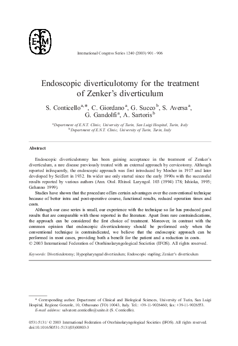 (PDF) Endoscopic diverticulotomy for the treatment of Zenker's diverticulum