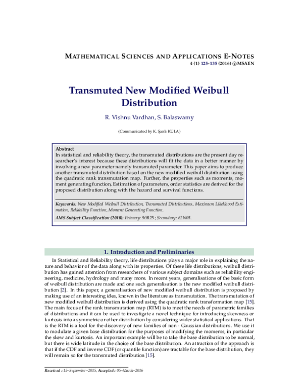 (PDF) Transmuted New Modified Weibull Distribution