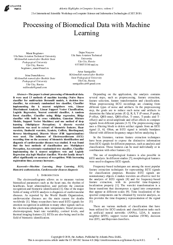 (PDF) Processing of Biomedical Data with Machine Learning
