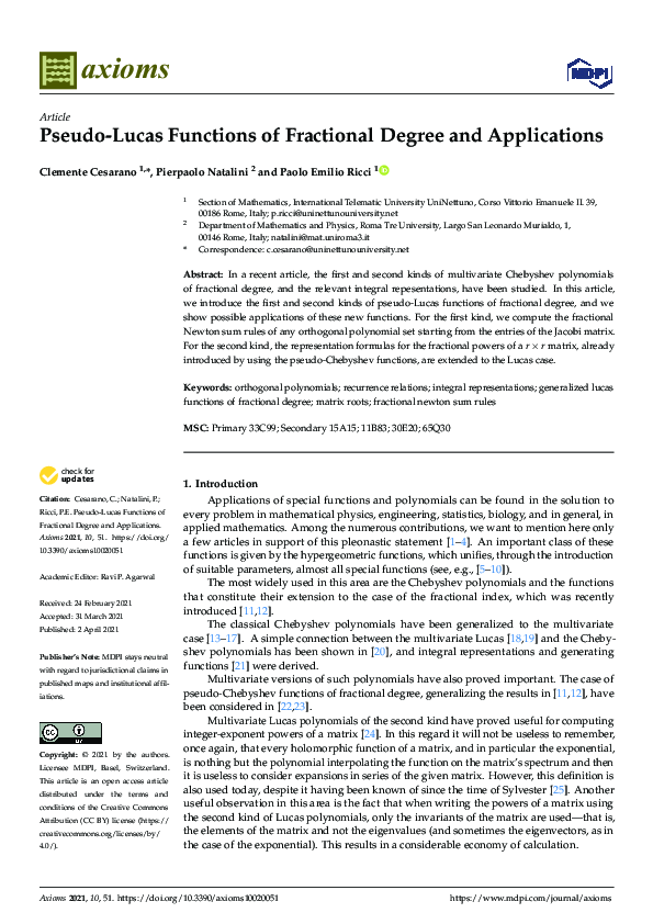 Pdf Pseudo Lucas Functions Of Fractional Degree And Applications