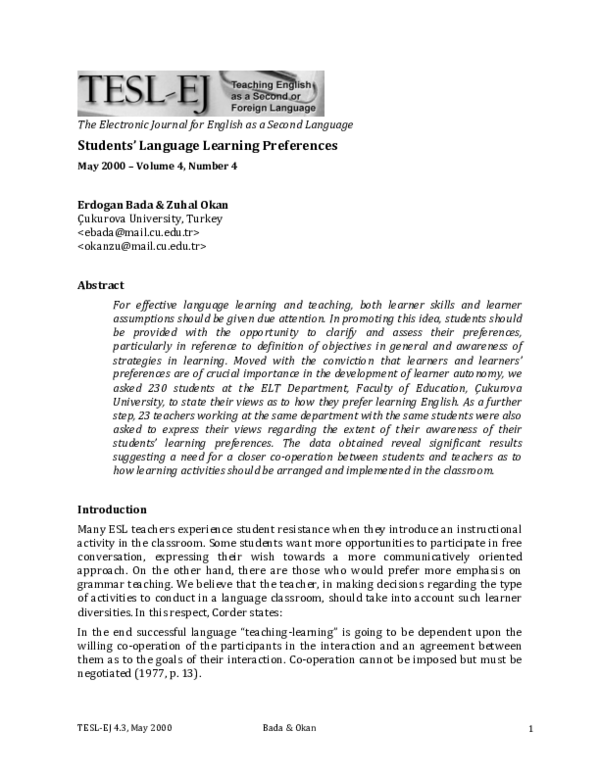 (PDF) Students' Language Learning Preferences