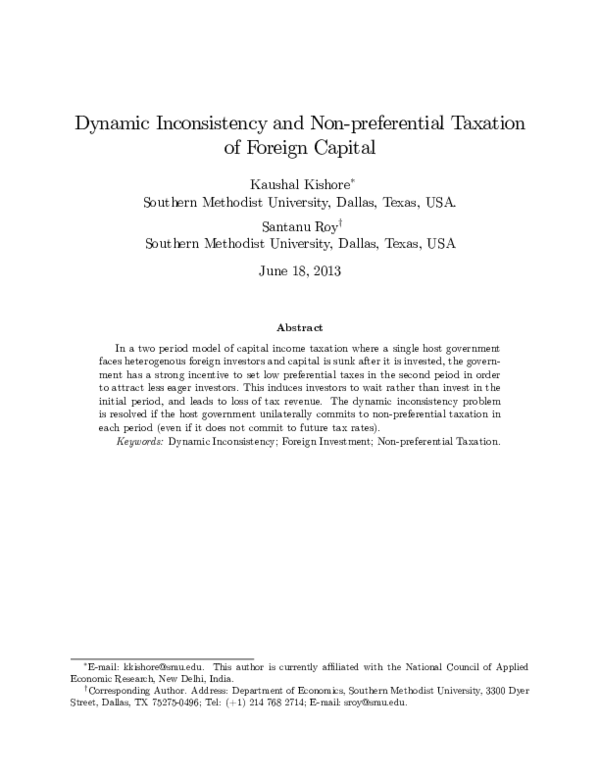 (PDF) Dynamic inconsistency and non-preferential taxation of foreign ...