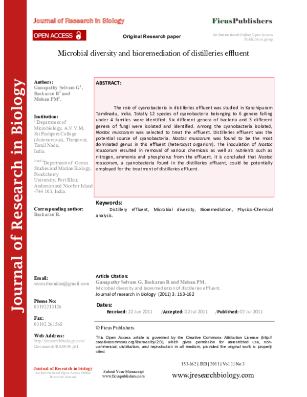 (PDF) Microbial diversity and bioremediation of distilleries effluent