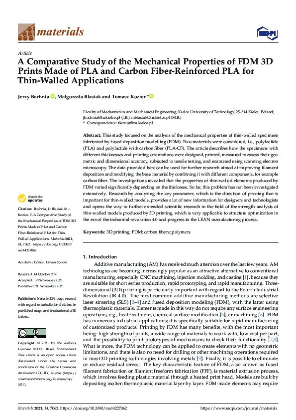 (PDF) A Comparative Study of the Mechanical Properties of FDM 3D Prints Made of PLA and Carbon ...